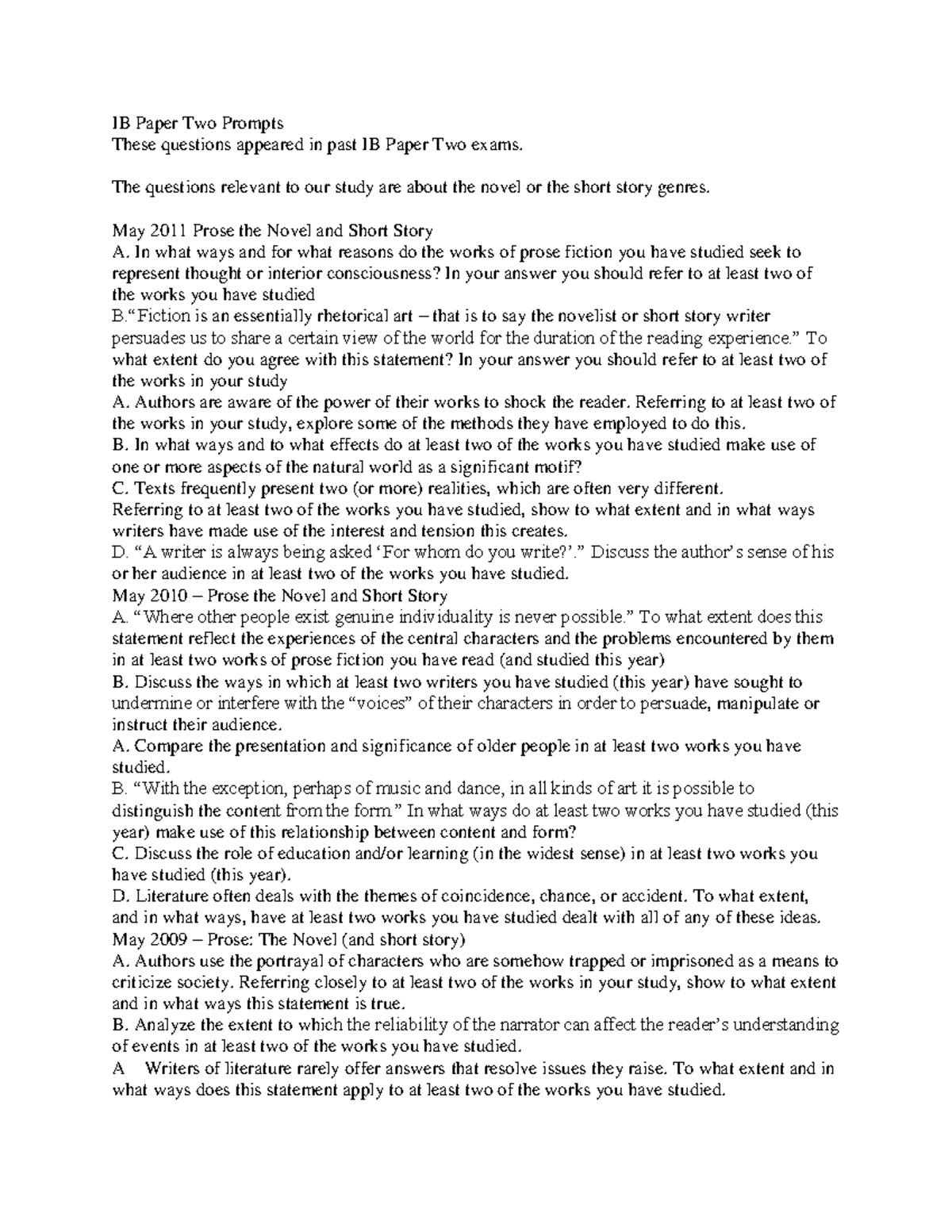 Previous IB Paper Two Prompts-2 - IB Paper Two Prompts These questions ...