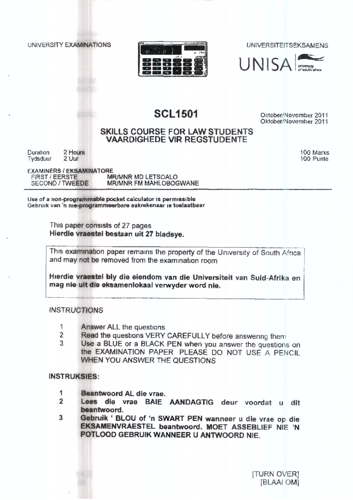 Exam 2011 - SCL1501 - Studocu