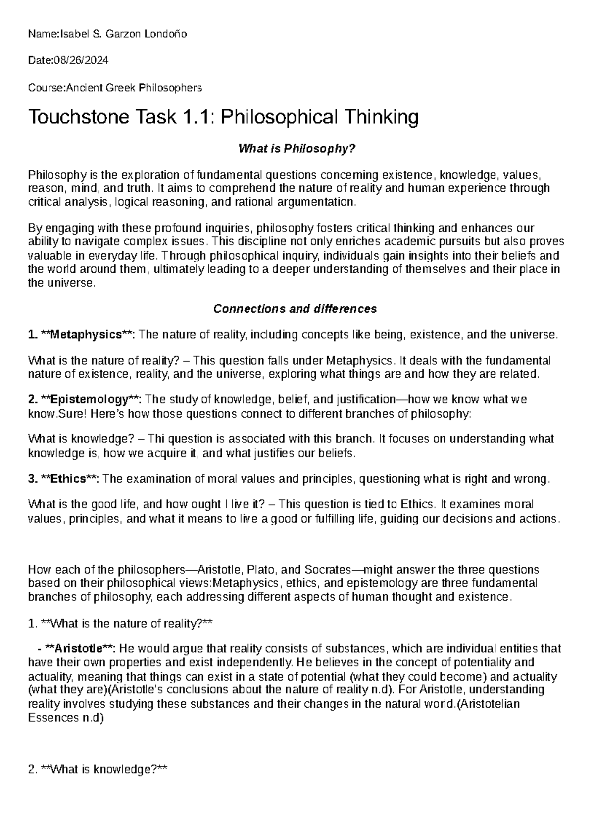Ancient Greek Philosophers Touchstone Task 1 Worksheet - Name:Isabel S. Garzon Londoño Date:08 ...