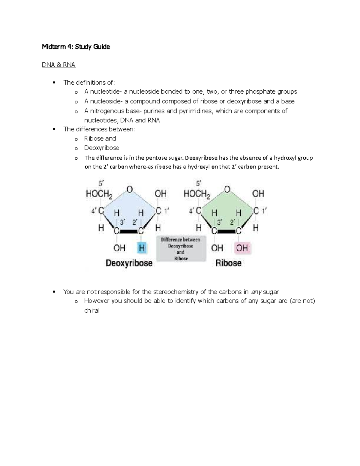 Midterm 1 Study Guide - Midterm 4: Study Guide DNA & RNA The ...