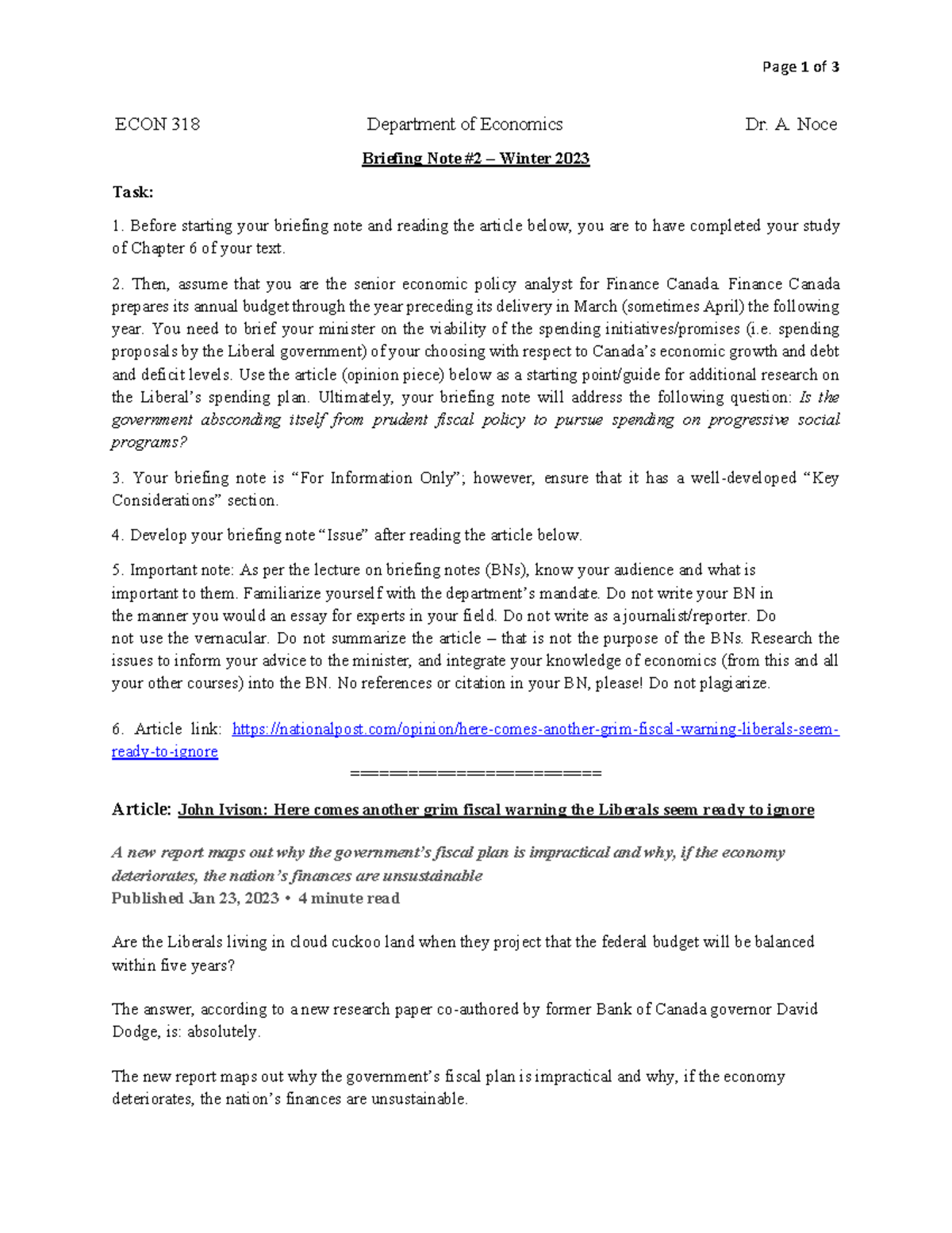 Briefing Note 2 ECON 318 Winter 2023 - Page 1 of 3 ECON 318 Department ...