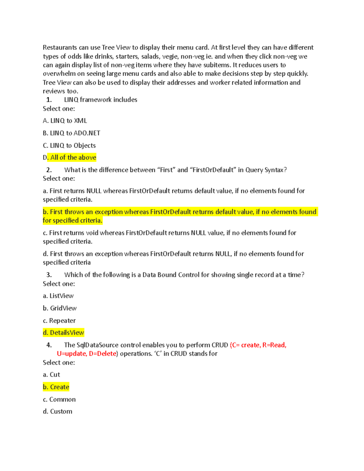 272-quiz - final exam - Restaurants can use Tree View to display their ...