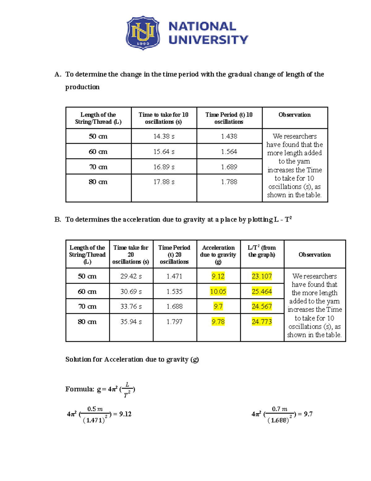 Simple Pendulum - A. To determine the change in the time period with the gradual change of ...