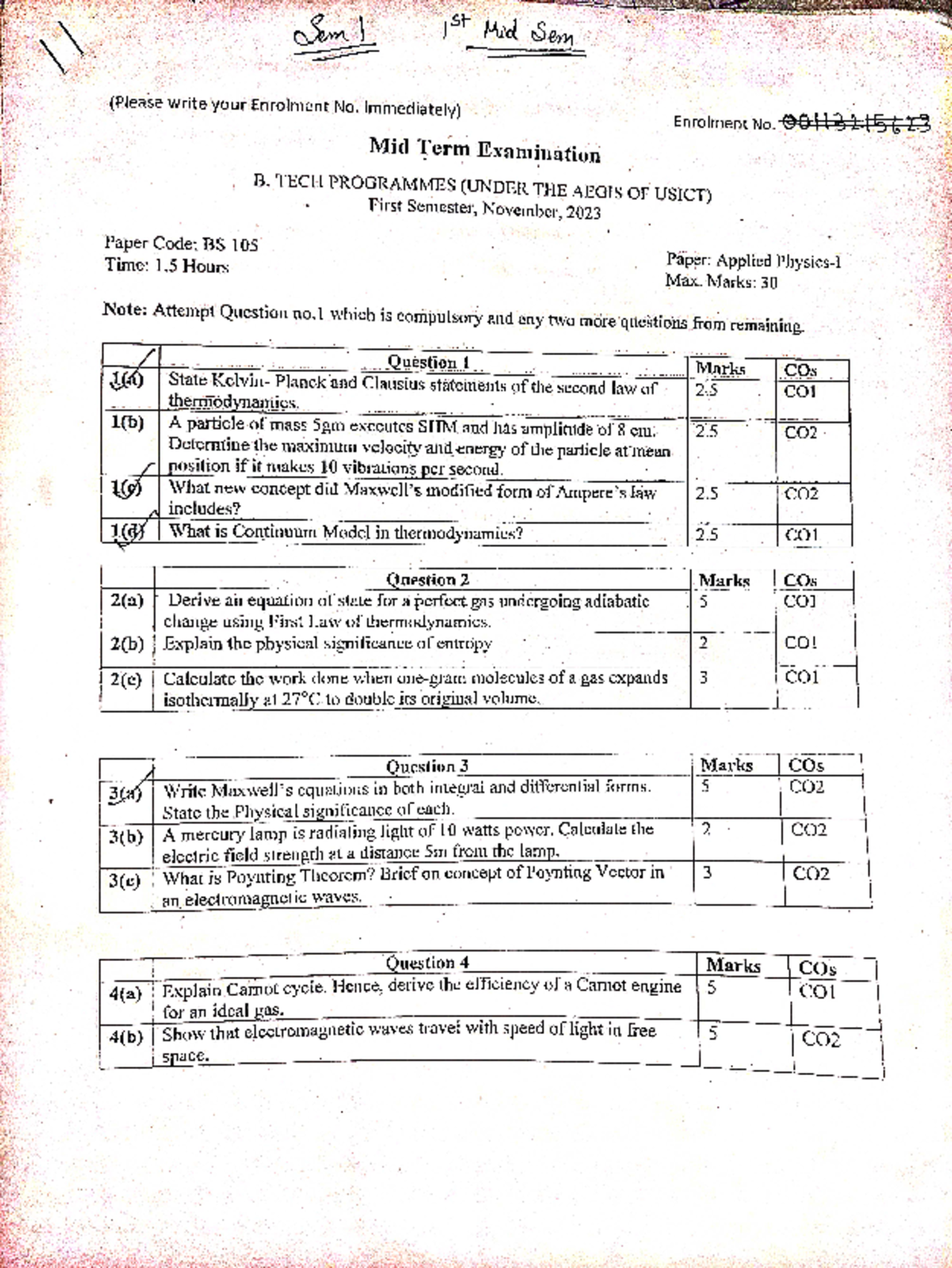 Sem 1 1st Mid Sem papers November 2023 - (Please write your Enrolment No. immediately) Paper ...