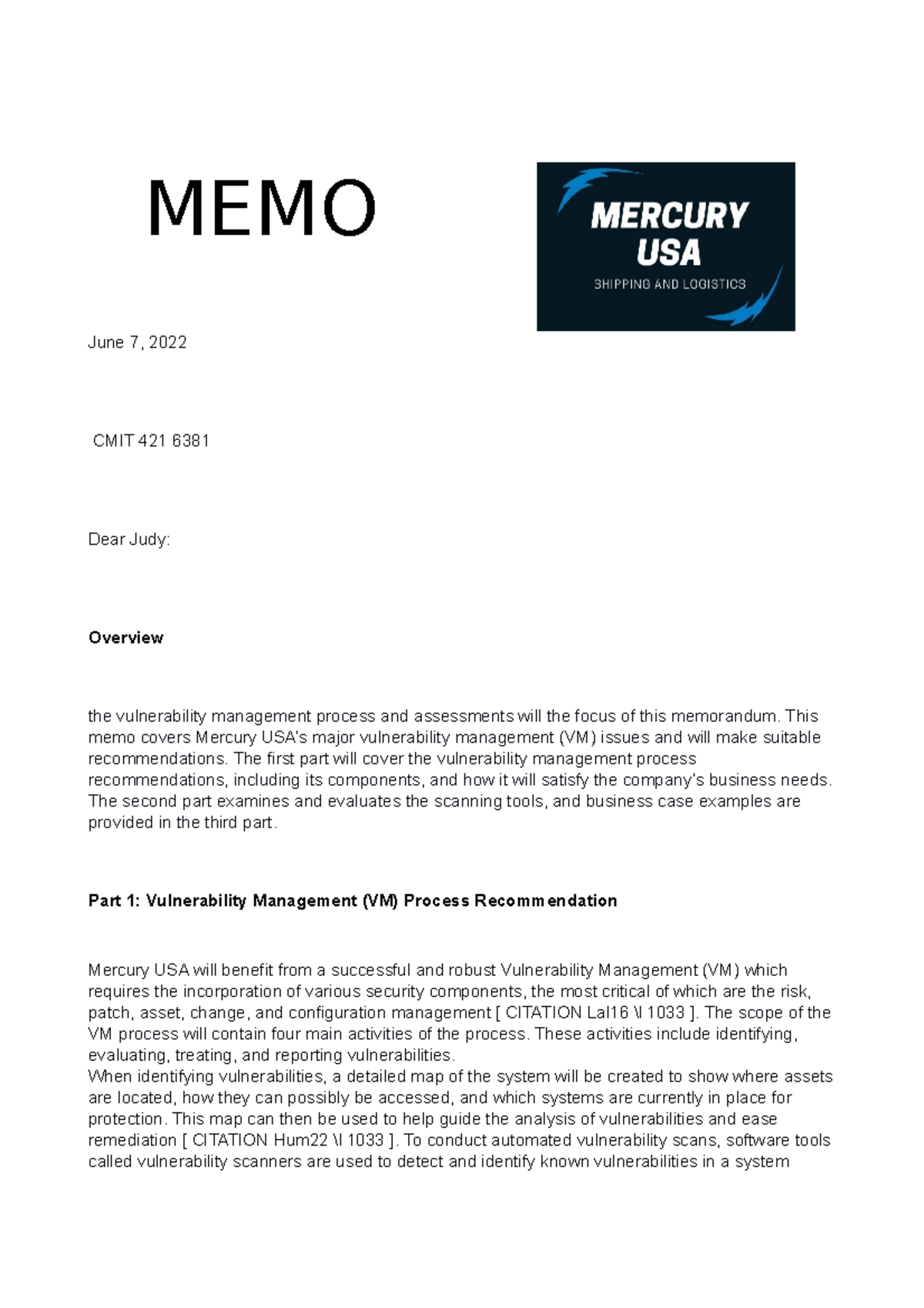 Vulnerability Process and Assessment Memo - MEMO June 7, 2022 CMIT 421 ...