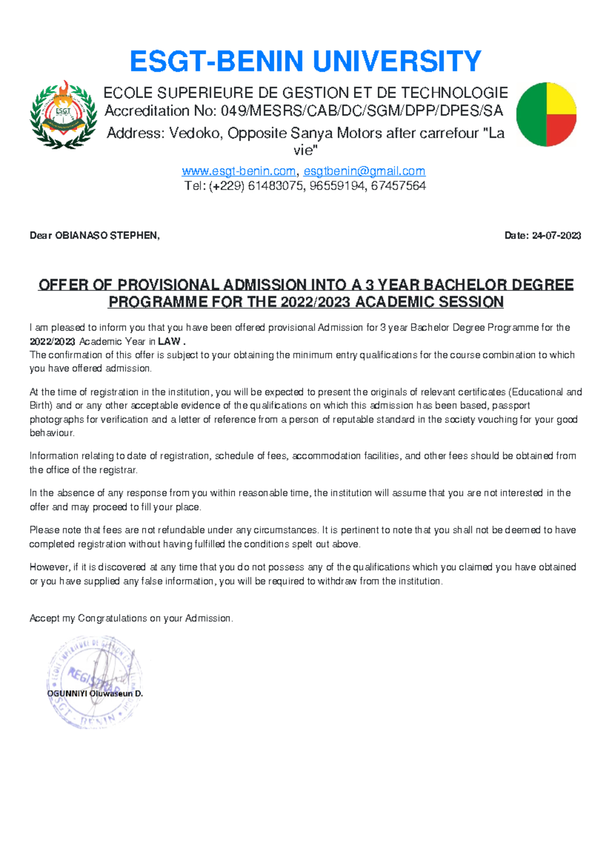 Obianaso Stephen () Admission formFg - ESGT-BENIN UNIVERSITY ECOLE ...