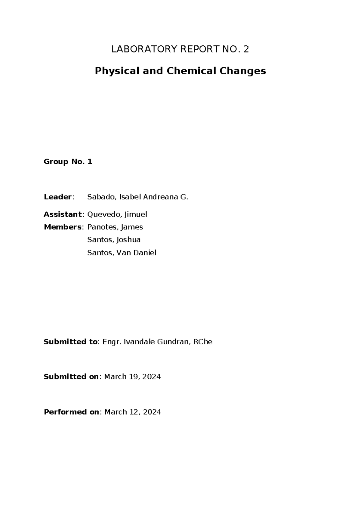 Laboratory Report NO. 2 Physical and Chemical Changes - LABORATORY ...