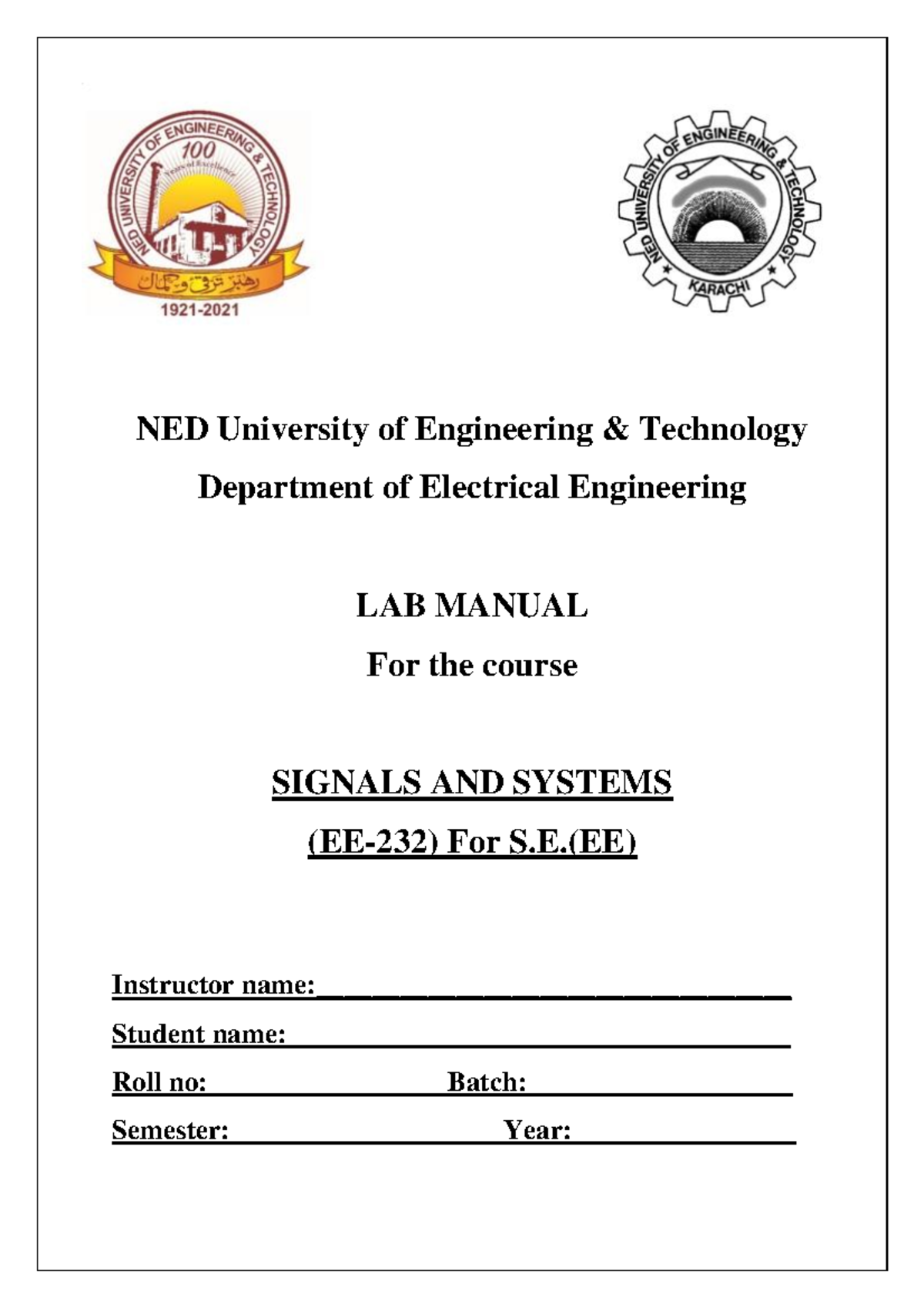 EE 232 Signals and Systems - NED University of Engineering & Technology Department of Electrical ...