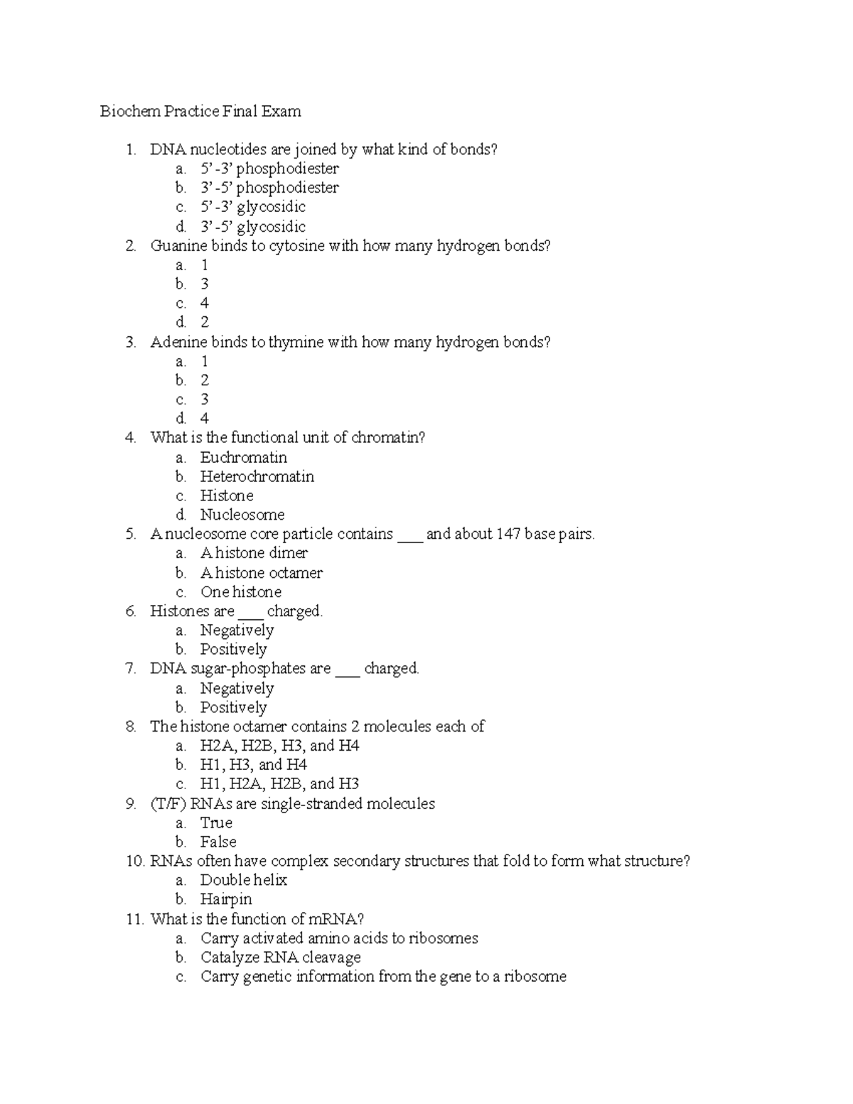 Biochem Practice Final Exam - Biochem Practice Final Exam DNA ...