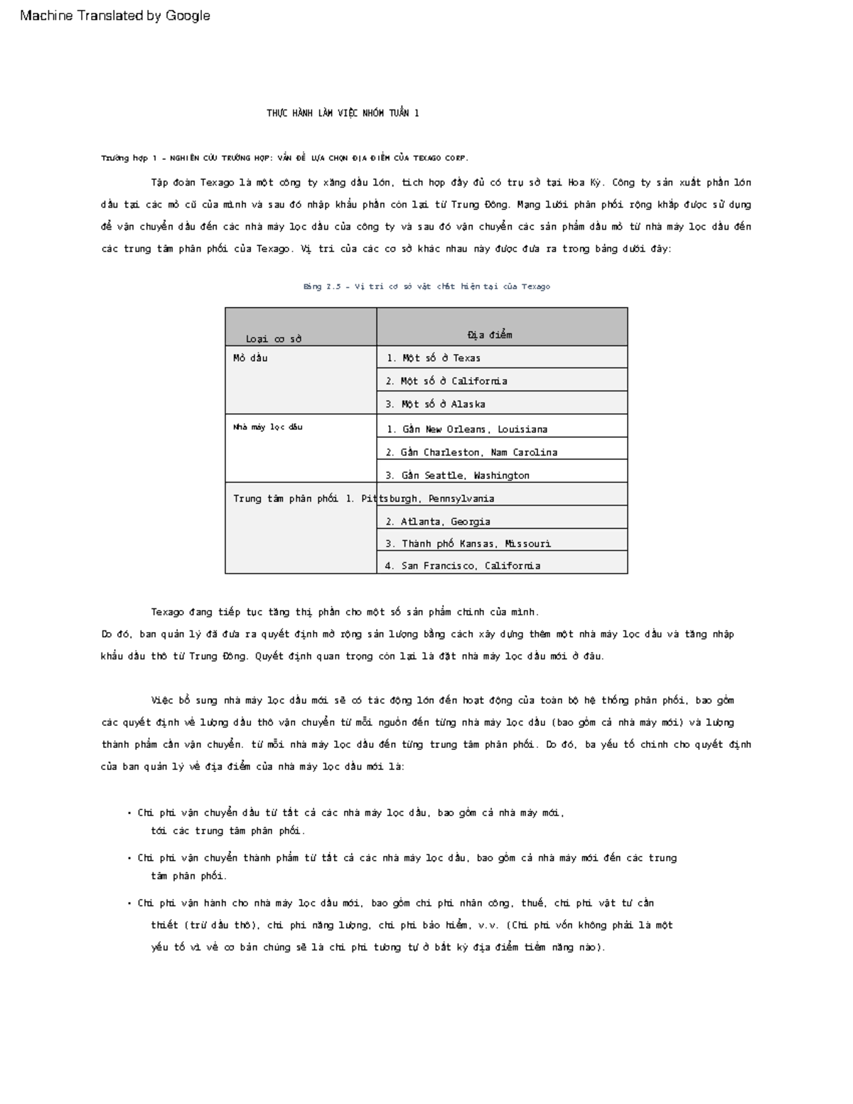 BT1 Texago - rrrrrrrrr - Bảng 2 – Vị trí cơ sở vật chất hiện tại của ...