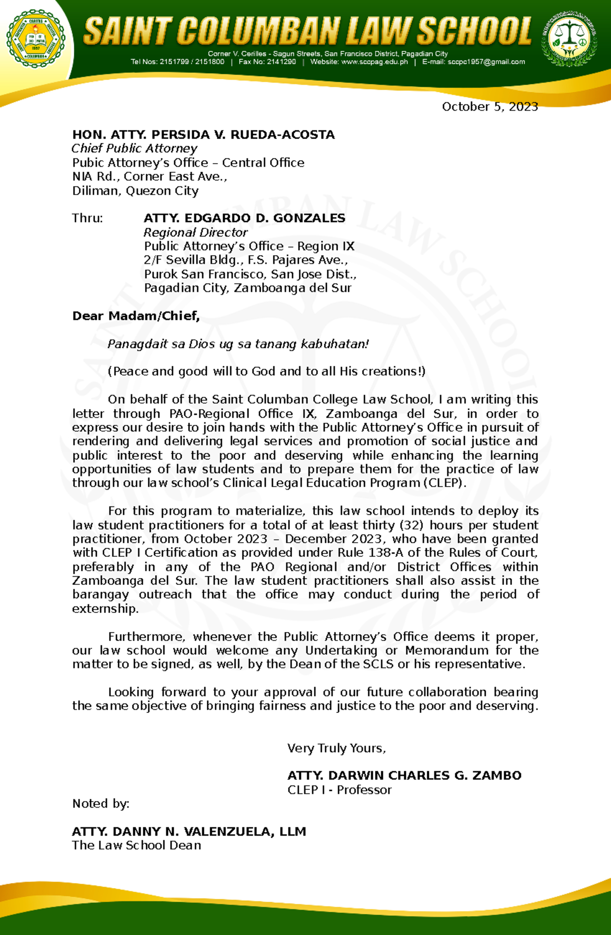 Letter to PAO Chief for CLEP Partnership - October 5, 2023 HON. ATTY ...