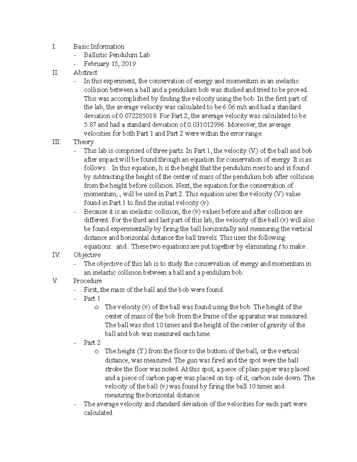 Ballistic Pendulum Lab Report - I. Basic Information - Ballistic ...