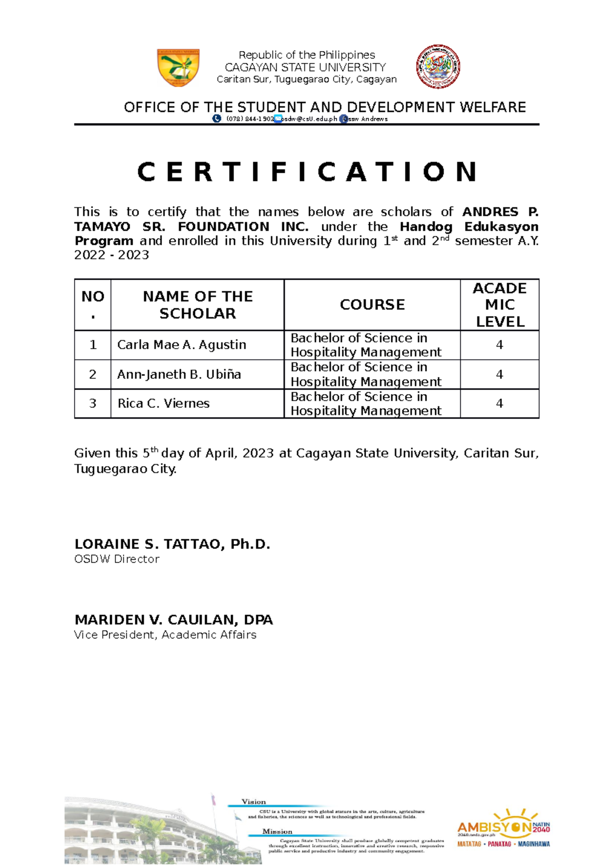 Sample- Scholarship- Cerificate - Republic of the Philippines CAGAYAN ...