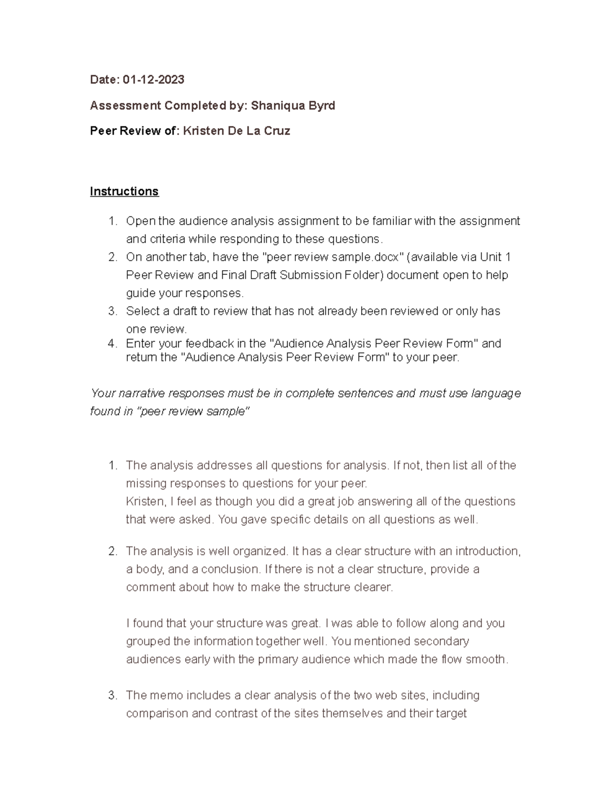 Peer review 1 UTA sample - Date: 01-12- Assessment Completed by ...