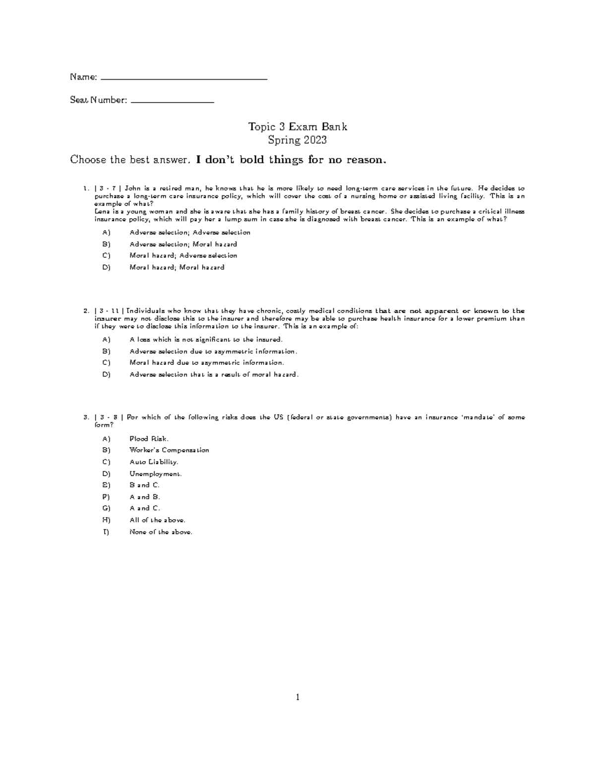 Test Bank Topic 3 - This document goes over all the potential Exam 1 ...