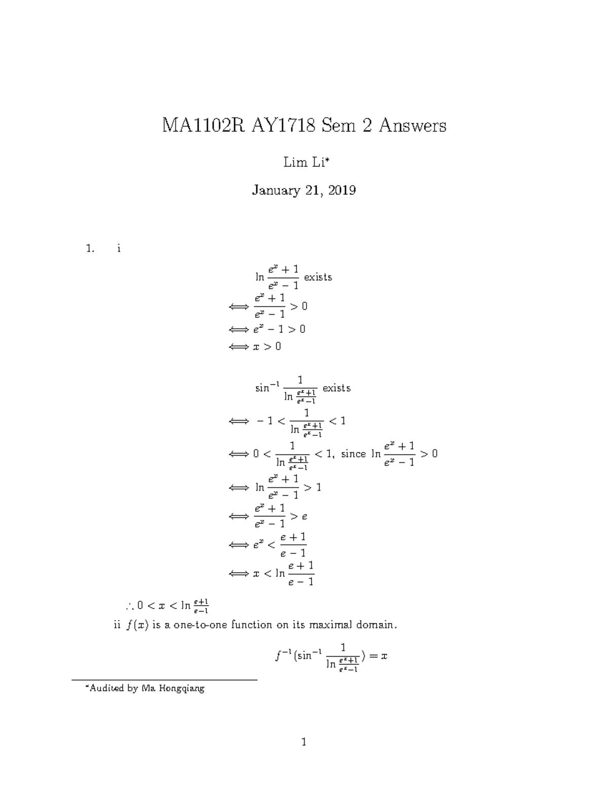 MA1102R AY1718 Sem2 - Practice material for calculus - MA1102R AY1718 Sem 2 Answers Lim Li ∗ ...