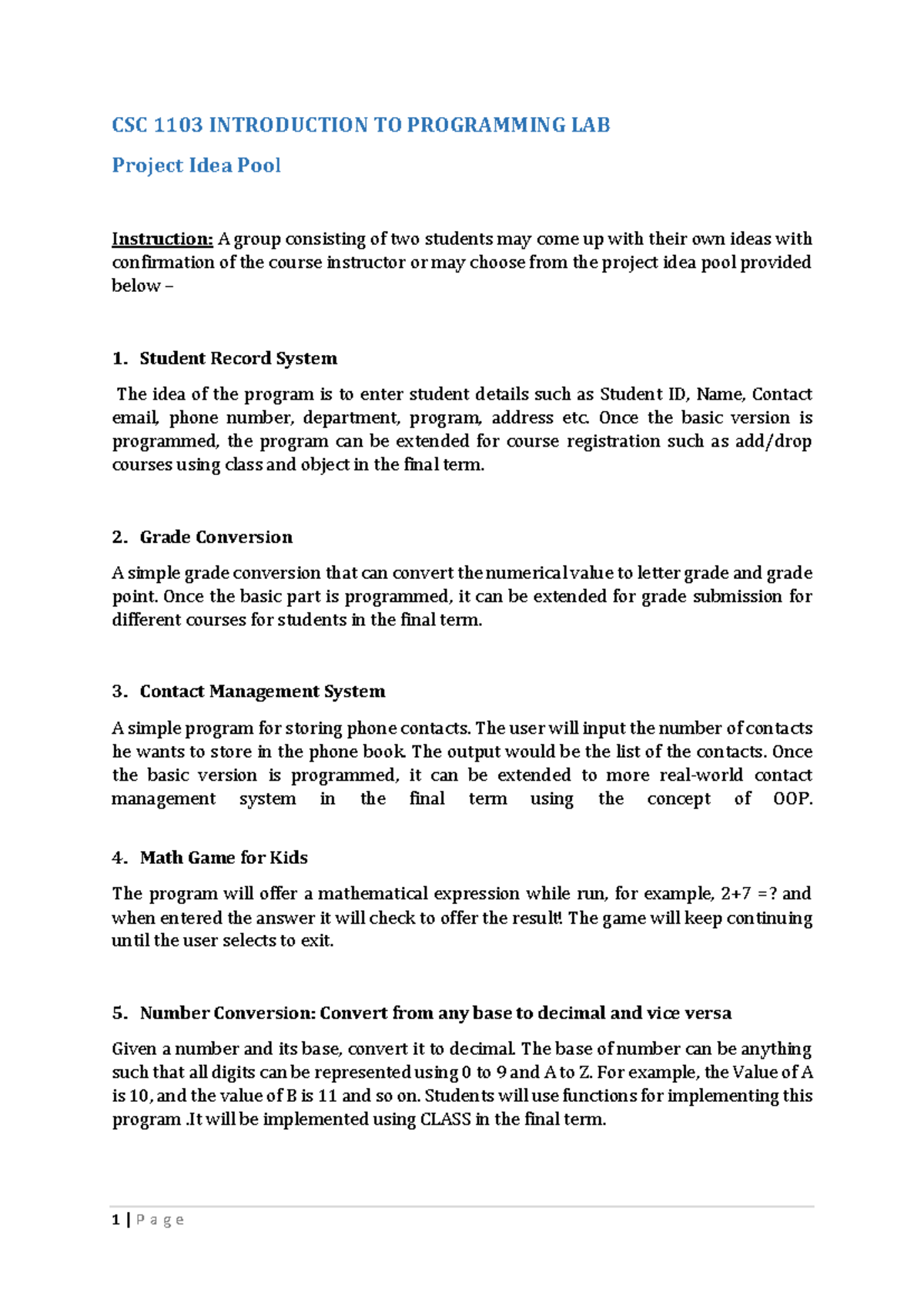Project Idea Pool - 1 | P a g e CSC 1103 INTRODUCTION TO PROGRAMMING LAB Project Idea Pool - Studocu