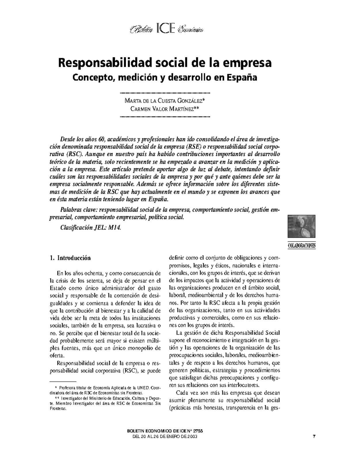 Responsabilidad social de la empresa - BOLETIN ECONOM ICO DE ICE N° 2755 COLABORACIONES 1. - Studocu