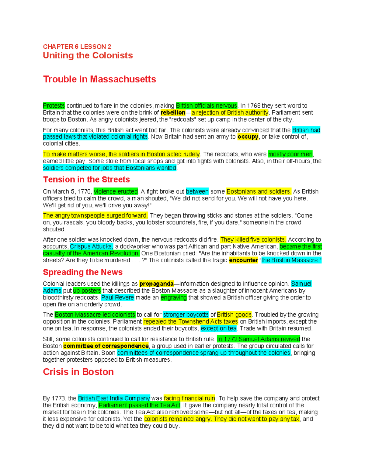 Avid Notes American Revolution Lesson 5 6 - CHAPTER 6 LESSON 2 Uniting ...