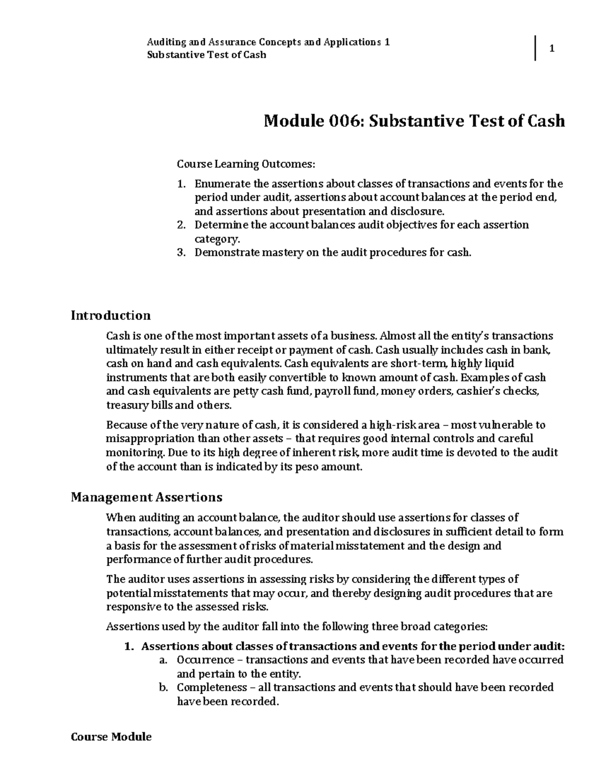 W7 Lesson 6 Substantive Test of Cash - Auditing and Assurance Concepts ...