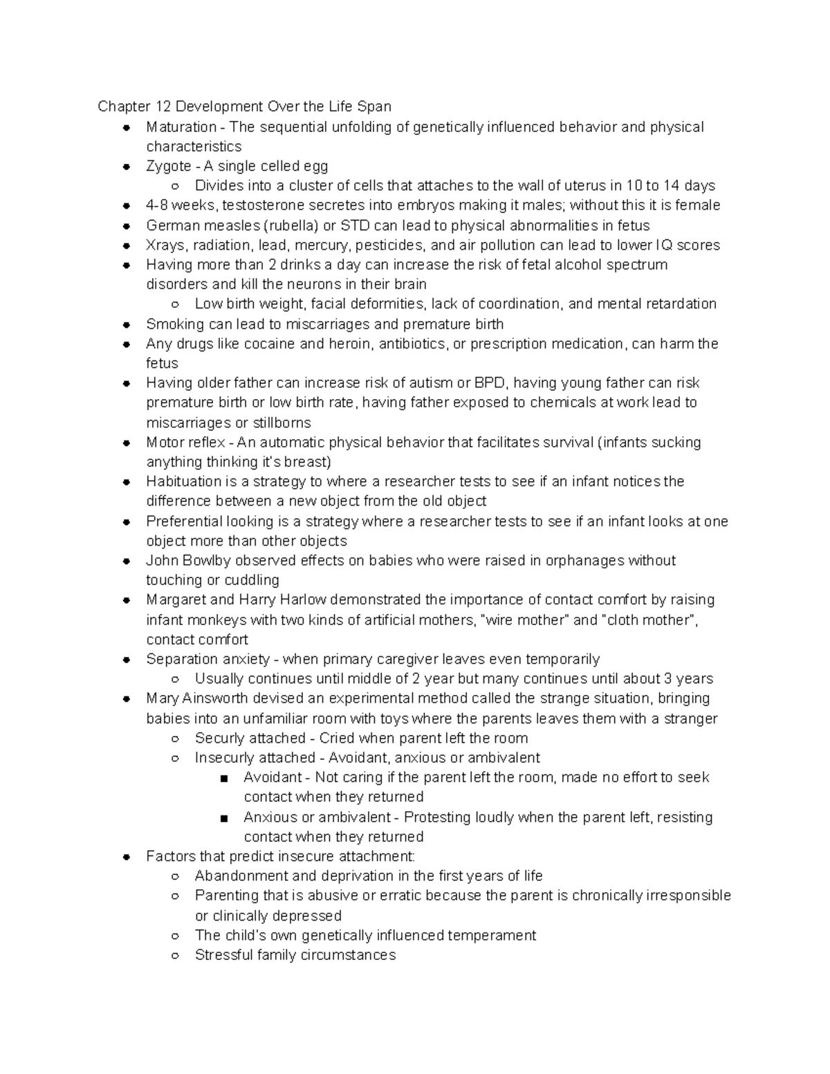 Psych Exam Notes - Chapter 12 Development Over the Life Span Maturation ...