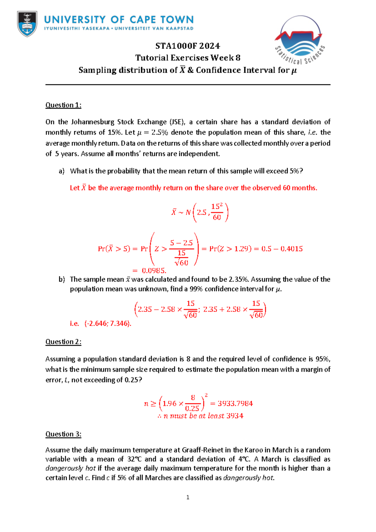 Tut Week 8 STA1000F 2024 Solutions - 1 STA1000F 20 24 Tutorial ...