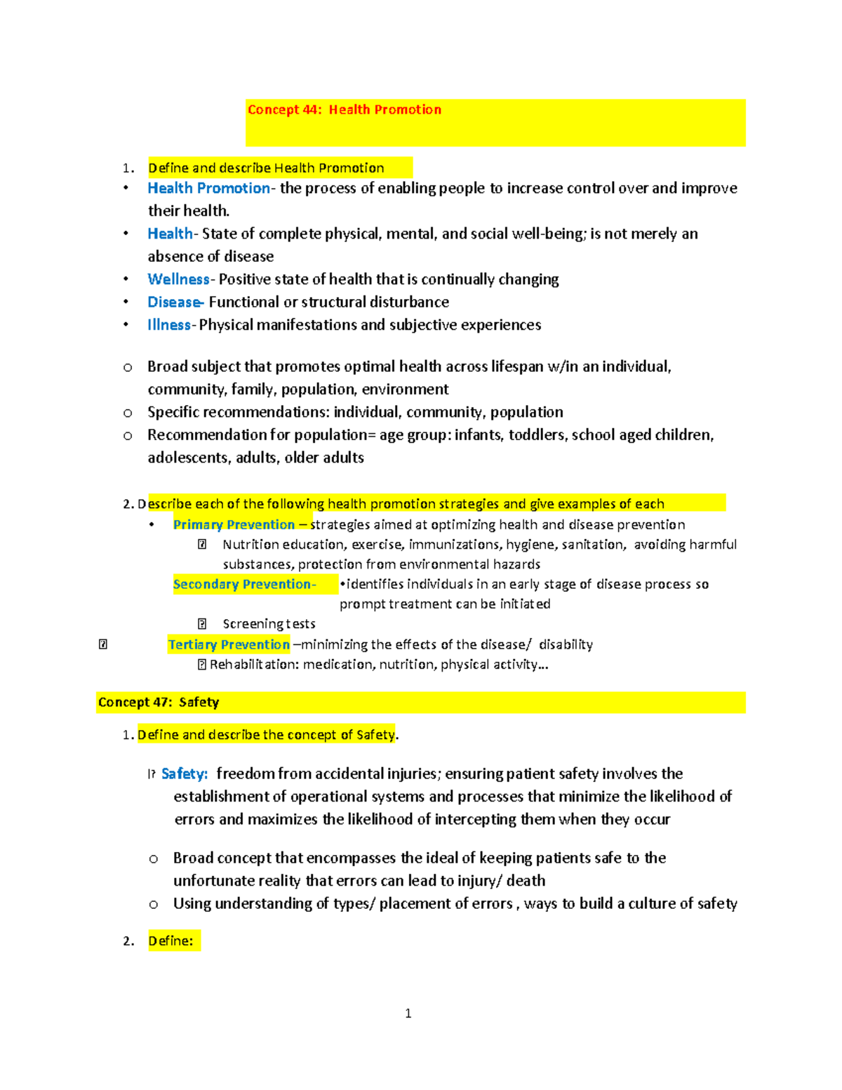 Module 6 Topic Review Guide - Concept 44: Health Promotion 1. • Health ...