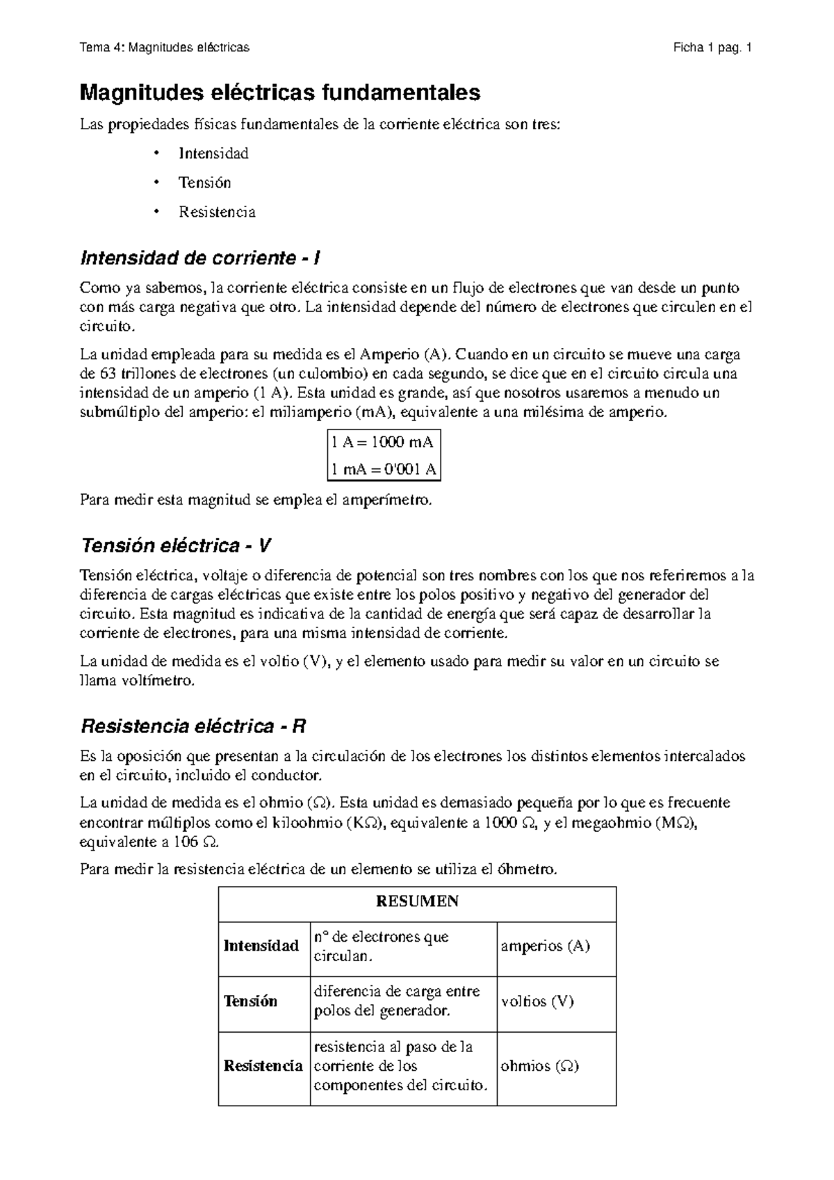 1 ejercicios de magnitudes electricas - Tema 4: Magnitudes eléctricas Ficha 1 pag. 1 Magnitudes ...