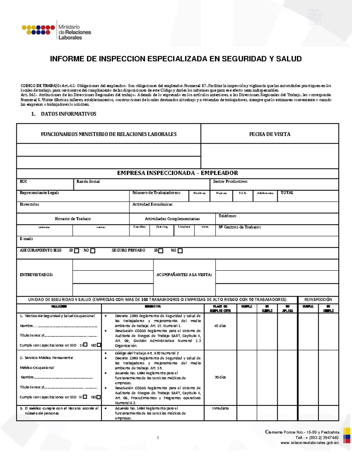 Formato de Inspecci+¦n de Seguridad y Salud en el Trabajo - Clemente Ponce Nro.- 15-59 y ...