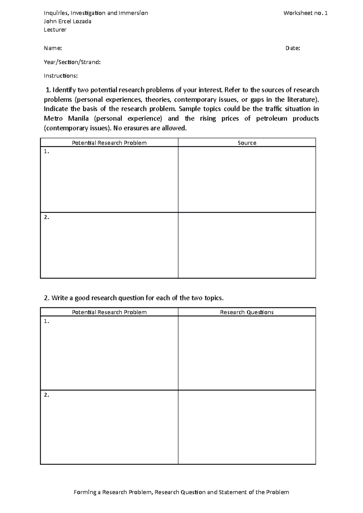 III - Worksheet no. 1 - Statement OF THE Problem - Inquiries ...