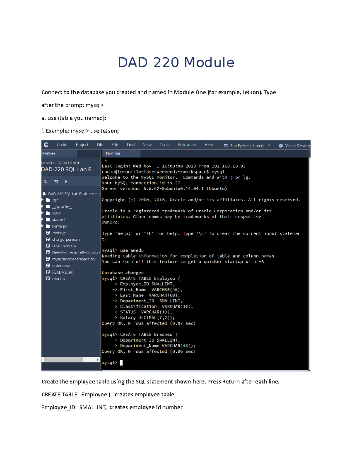 DAD 220 Module section 2 - DAD 220 Module Connect to the database you created and named in ...