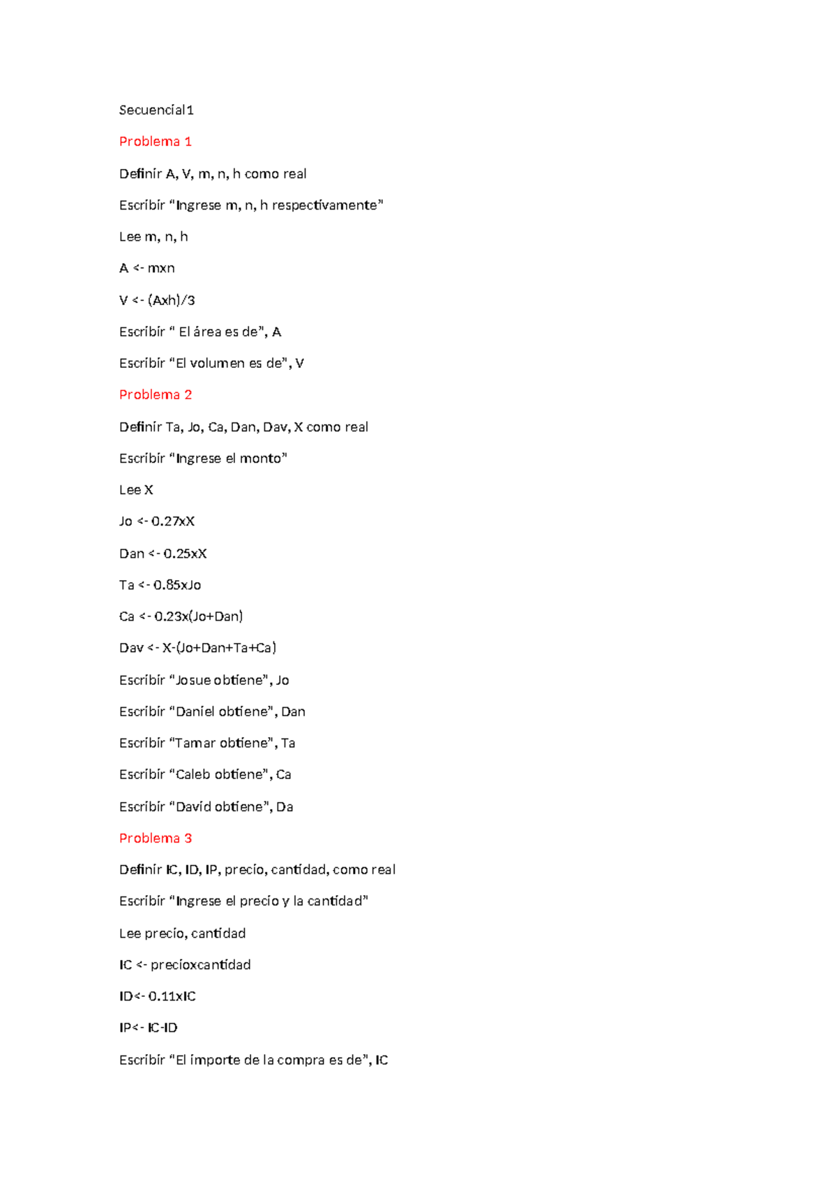 Secuencial 1 - aedrf - Secuencial Problema 1 Definir A, V, m, n, h como real Escribir “Ingrese m ...