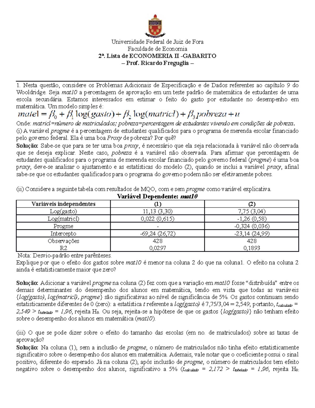 2ªLista-2015- Gabarito - Universidade Federal de Juiz de Fora Faculdade ...