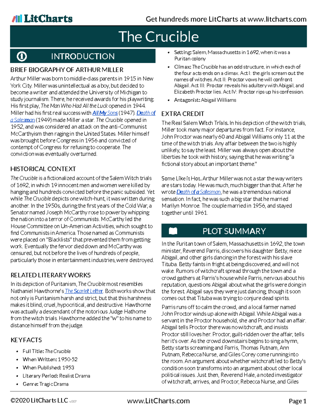 The-Crucible-Lit Chart - The Crucible BRIEF BIOGRAPHY OF ARTHUR MILLER ...