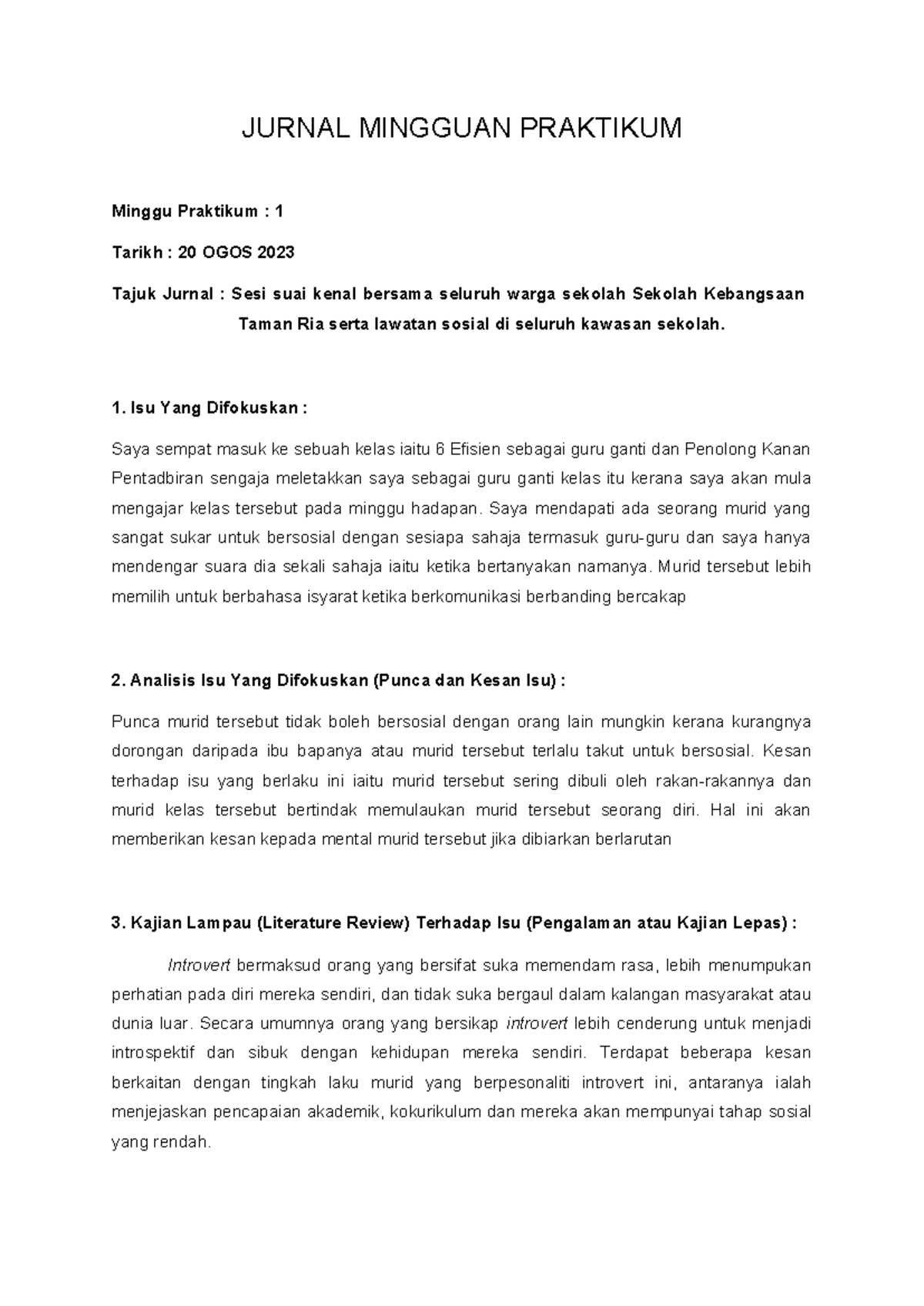 Minggu 1 - rph - JURNAL MINGGUAN PRAKTIKUM Minggu Praktikum : 1 Tarikh ...