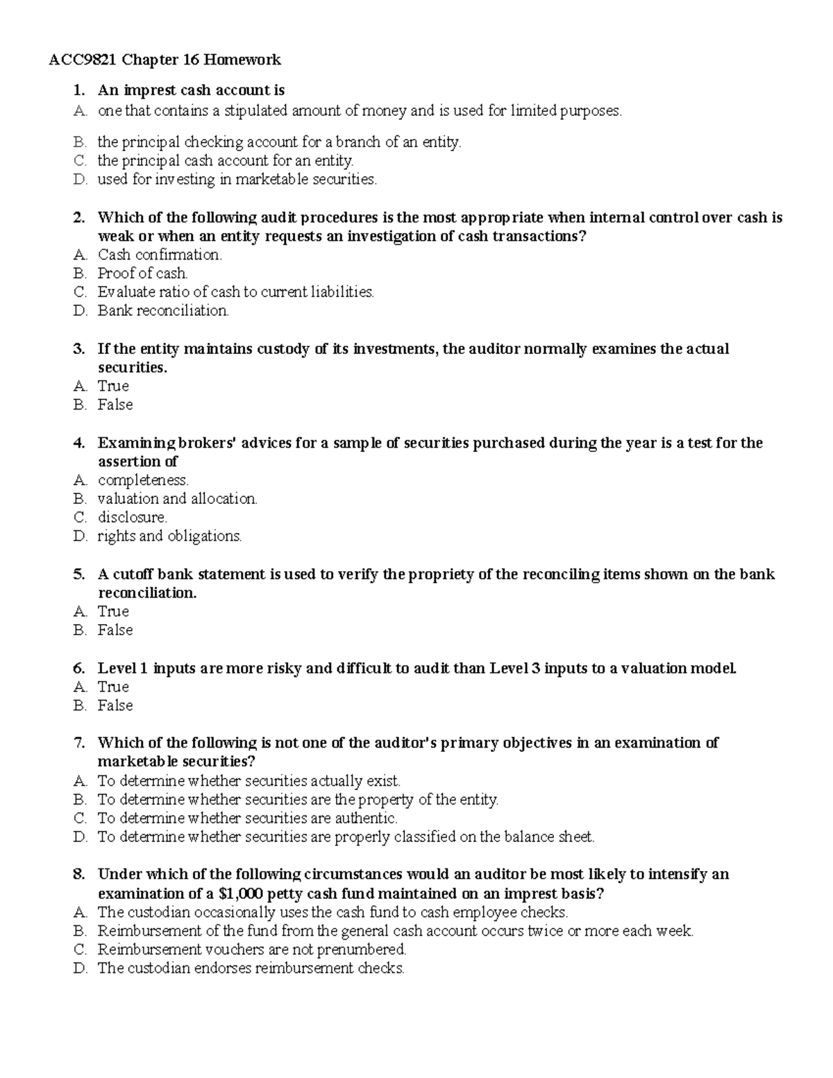 ACC 9821 Auditing Chapter 16 Homework - ACC9821 Chapter 16 Homework 1 ...