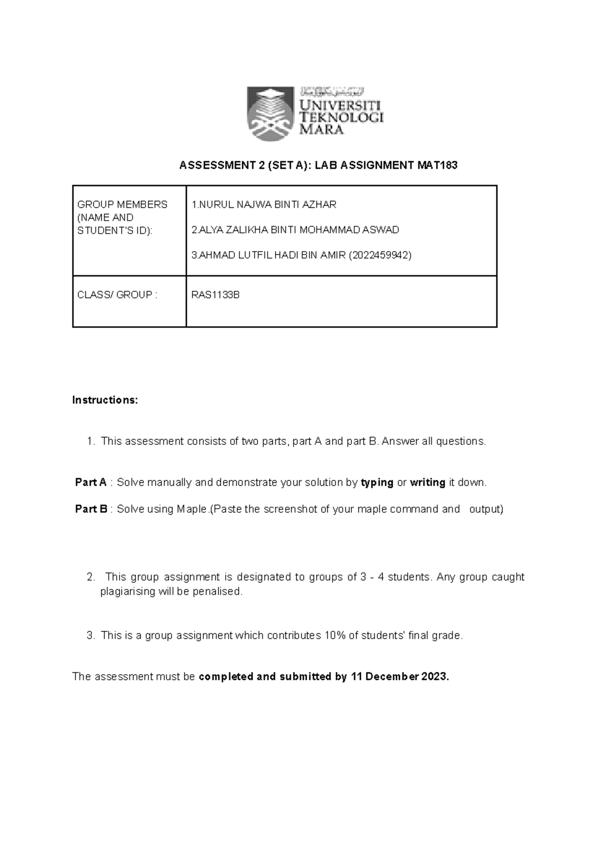 MAT 183 - assigntment - ASSESSMENT 2 (SET A): LAB ASSIGNMENT MAT GROUP MEMBERS (NAME AND STUDENT ...