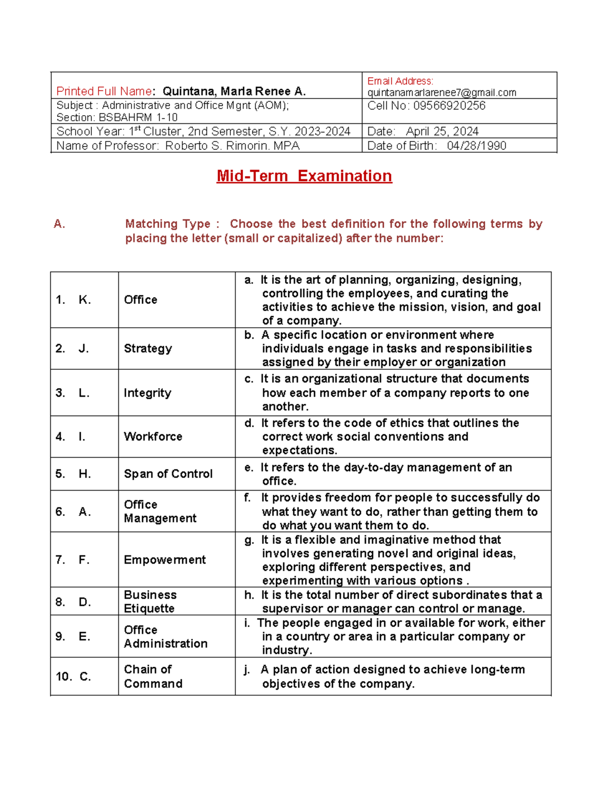 Quintana,Marla Renee Hrmoumn 1-10 Midterm Exam - Printed Full Name ...