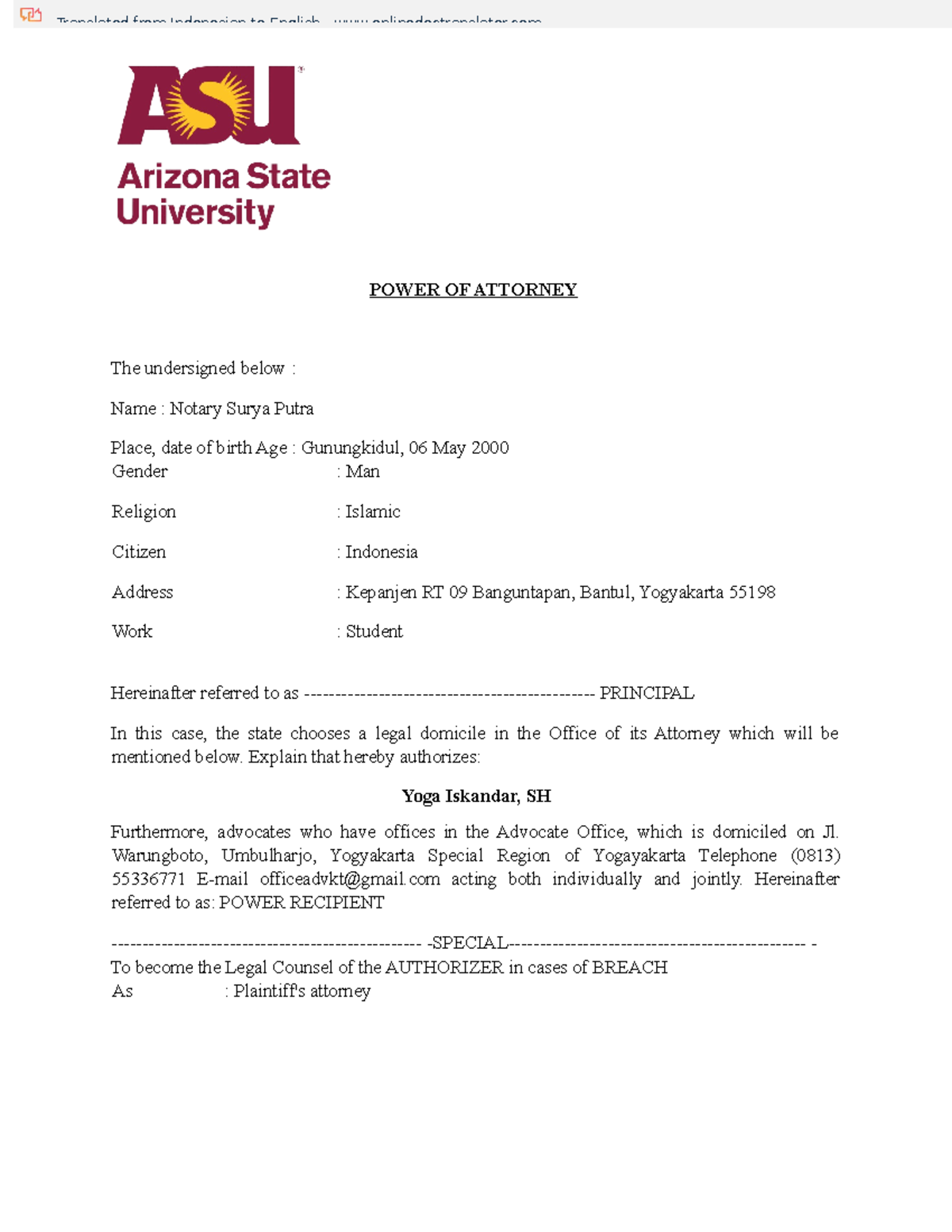 Power of Attorney for Distribution of Assets - POWER OF ATTORNEY The ...