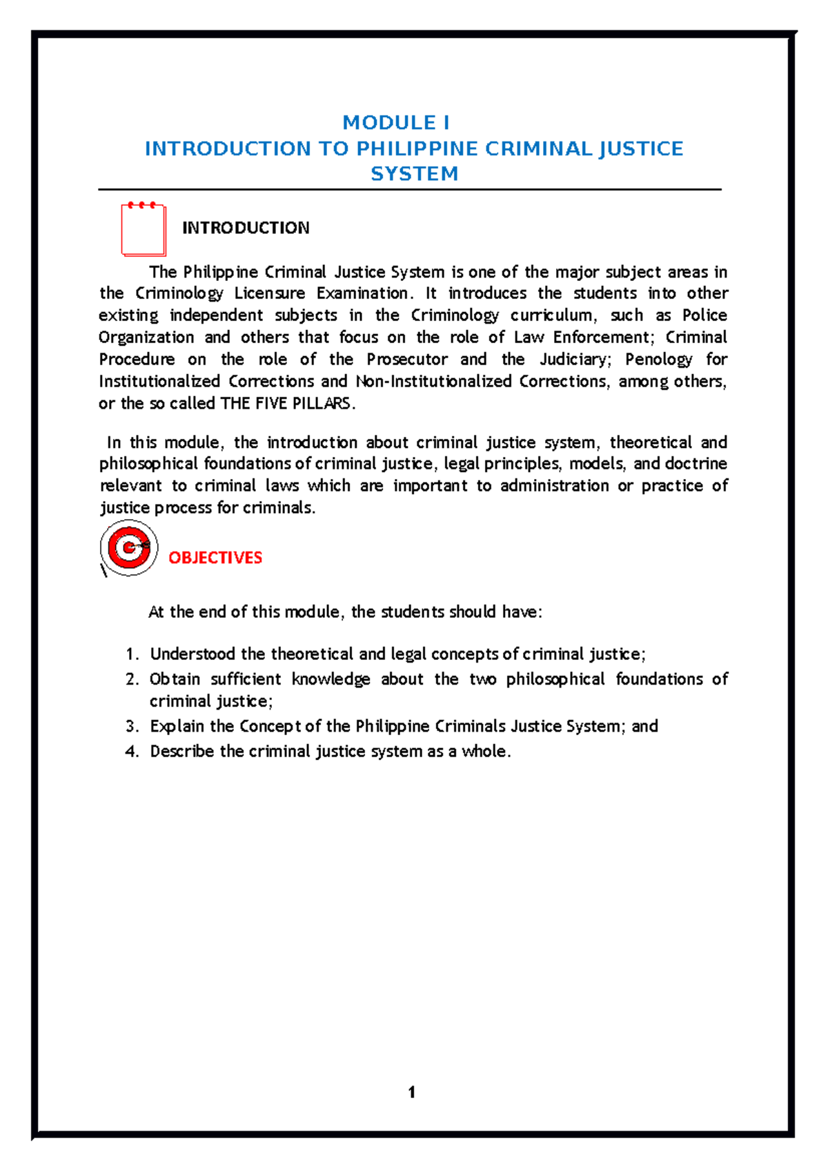 PCJS Complete Module 1 6 - MODULE I INTRODUCTION TO PHILIPPINE CRIMINAL ...
