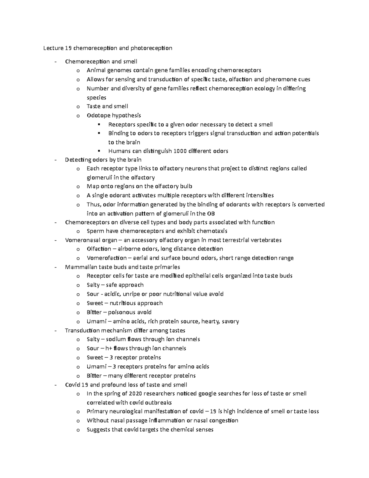 Biology Lecture notes 19 - Lecture 19 chemoreception and photoreception ...