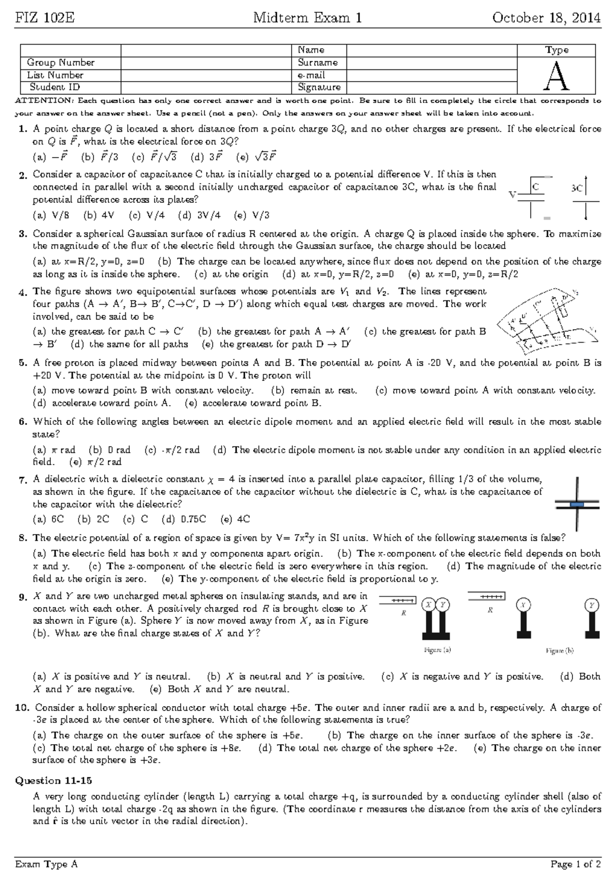 2014-2015 G Fiz102E 1v - vize - FIZ 102E Midterm Exam 1 October 18 ...