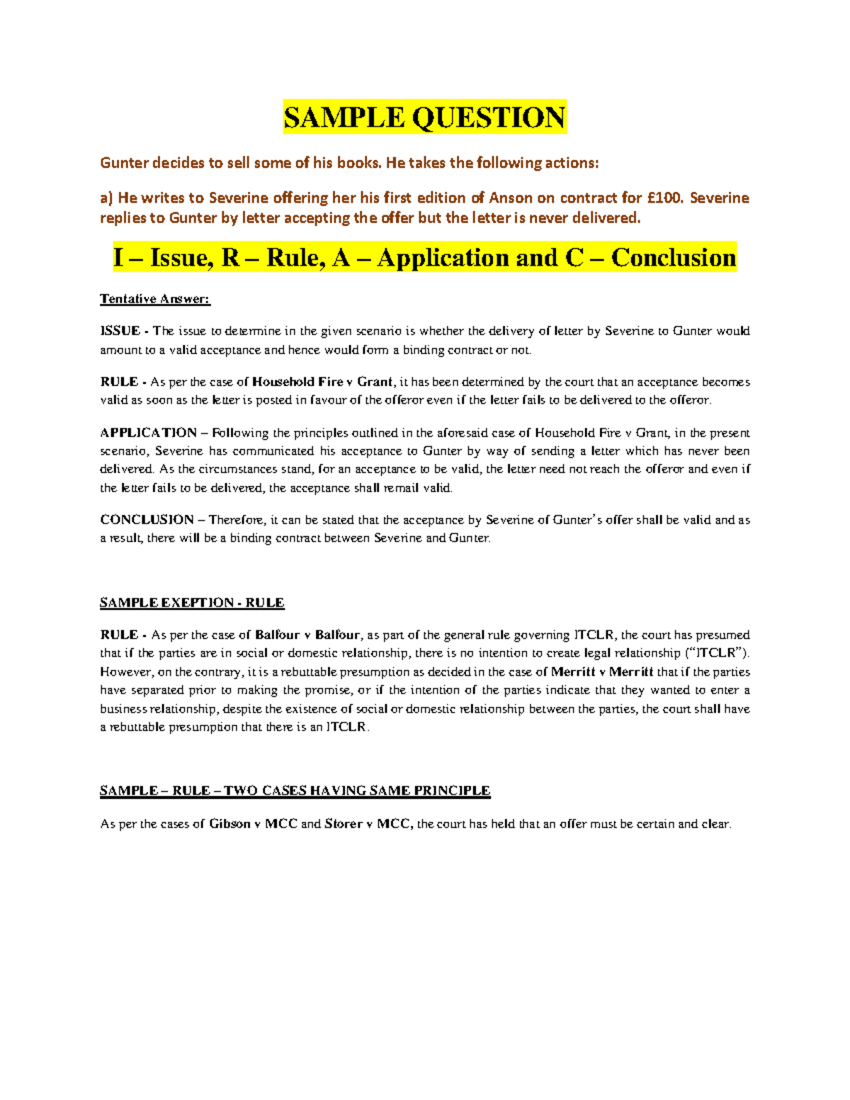 Sample IRAC Contract Law RR - SAMPLE QUESTION Gunter decides to sell ...