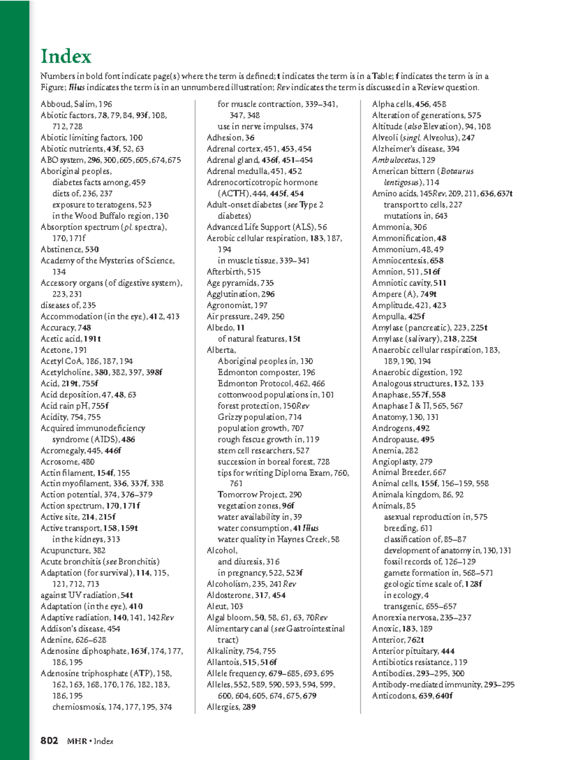 23 inquirybio index - BIOLOGY - 802 MHR • Index Index Numbers in bold ...