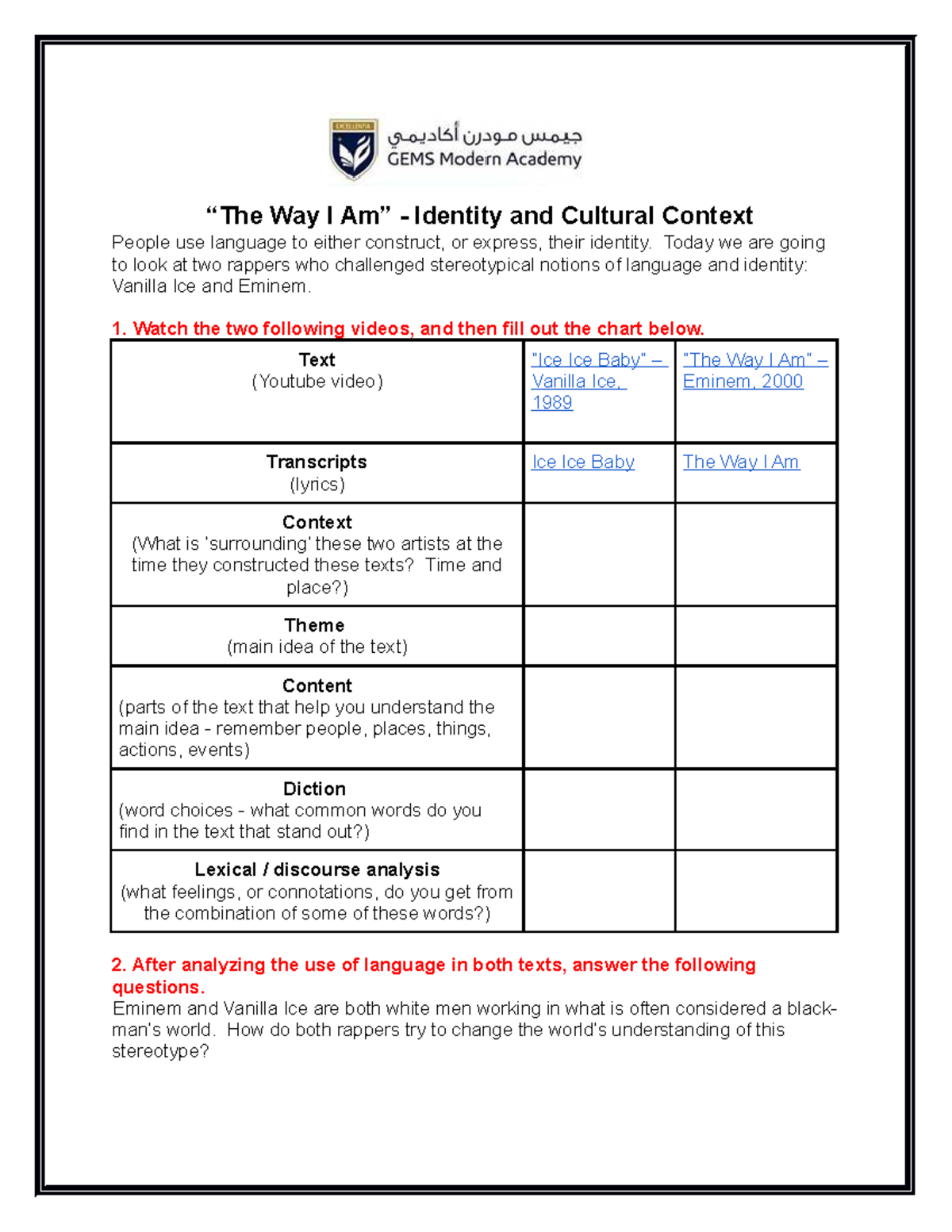 Identity task sheet - “The Way I Am” - Identity and Cultural Context ...