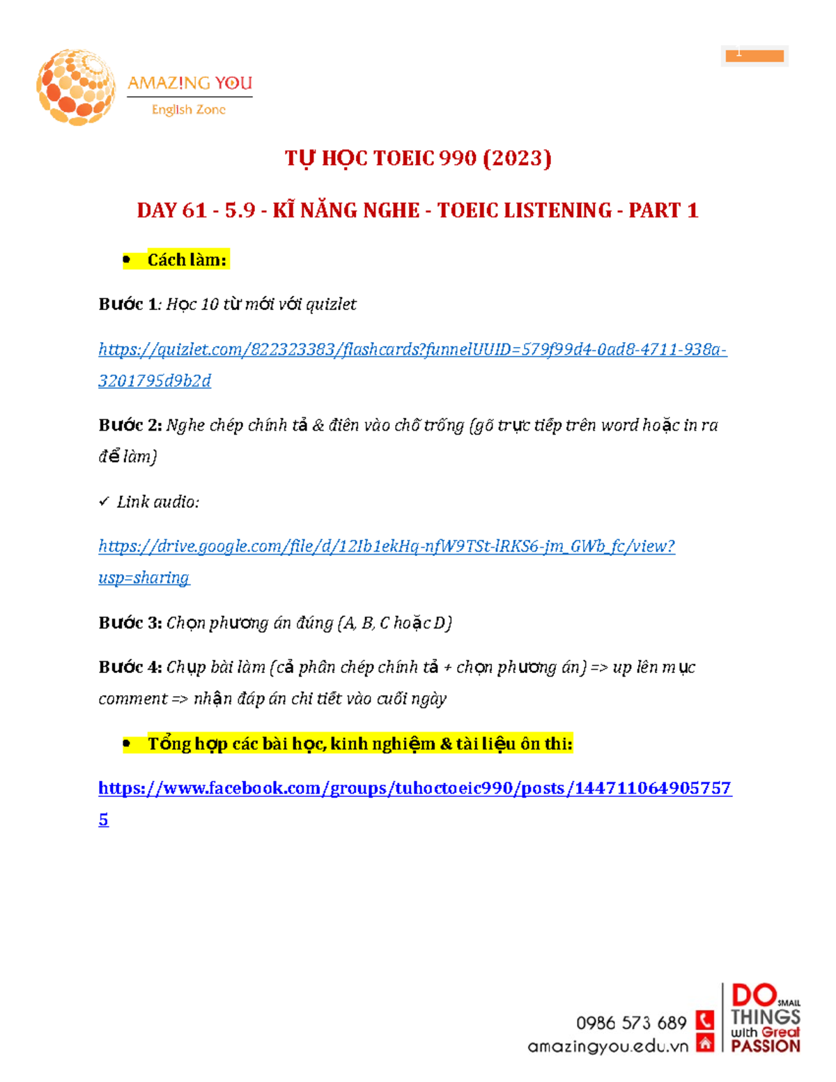 Day-61-5 - listening part toeic - T Ự H ỌC TOEIC 990 (2023) DAY 61 - 5. 9 - KĨ NĂNG NGHE - TOEIC ...
