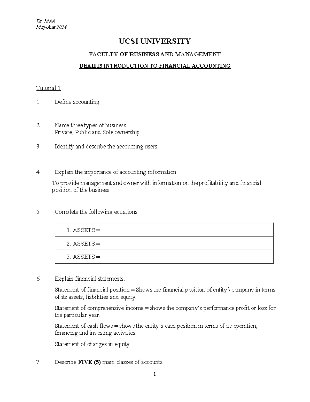 Tutorial 1 ACC - Dr. MAA May-Aug 2024 1 UCSI UNIVERSITY FACULTY OF ...