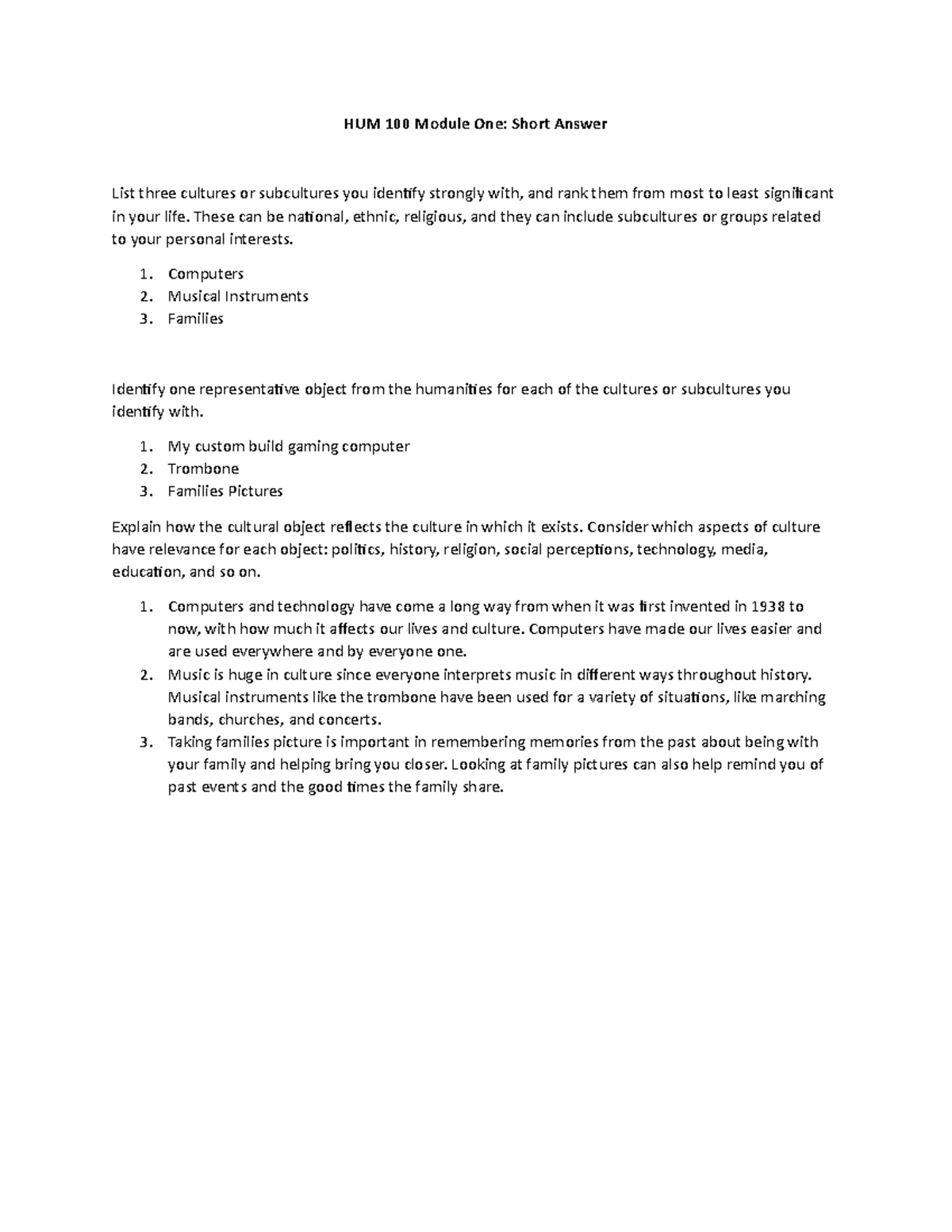 HUM 100 1-2 Assignment - HUM 100 1-2 - HUM 100 Module One: Short Answer ...