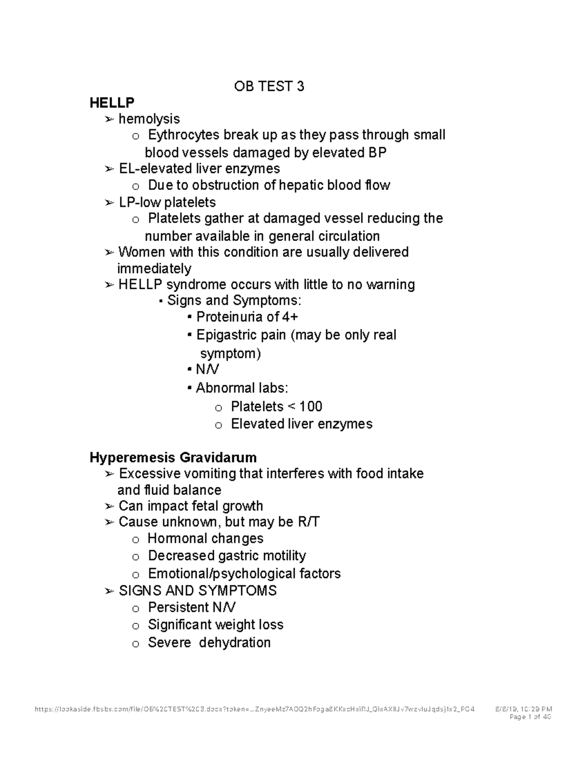 OB-TEST- notes for chapters 19,20,21,22 - OB TEST 3 HELLP hemolysis o ...