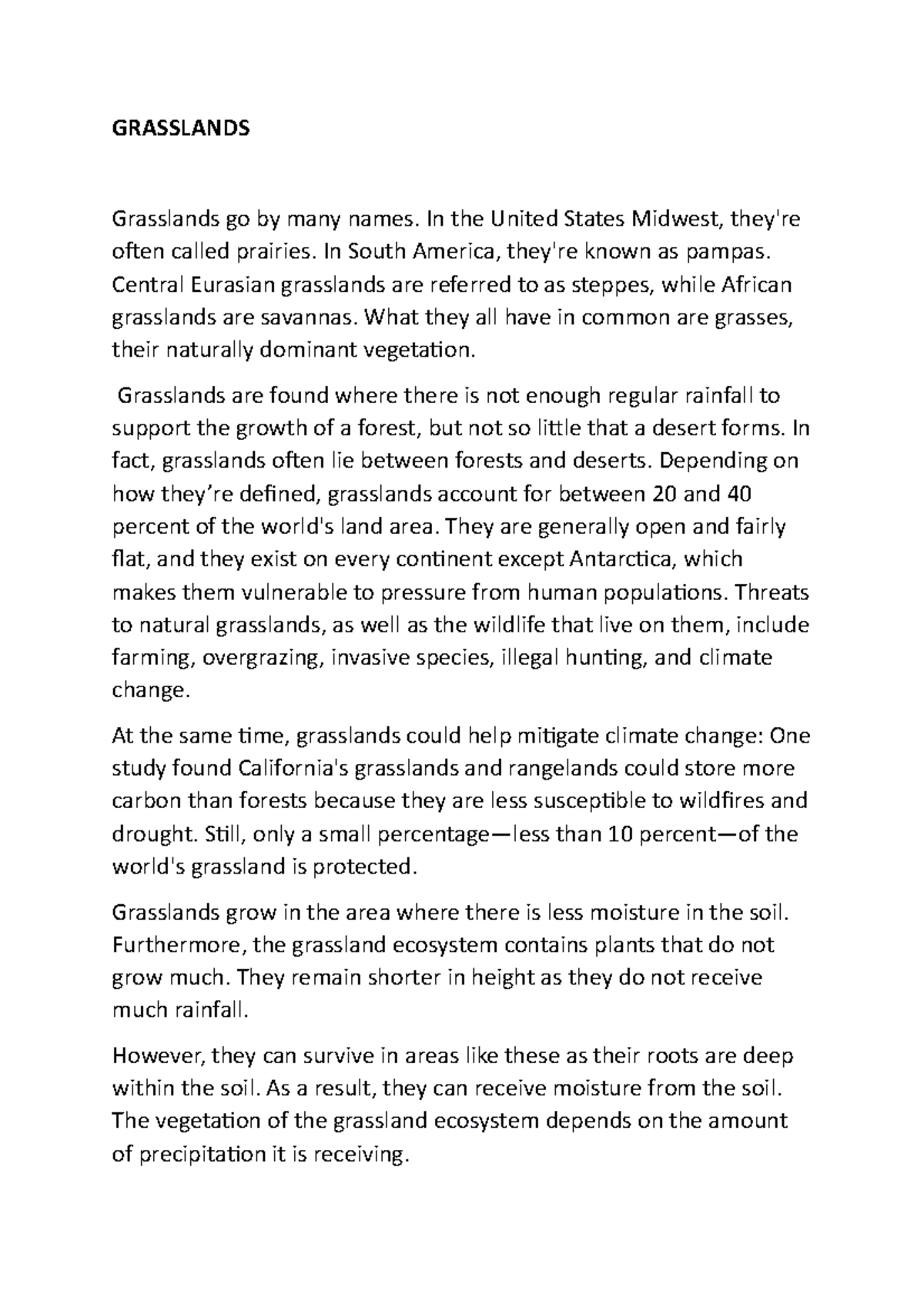 Grasslands types - GRASSLANDS Grasslands go by many names. In the ...